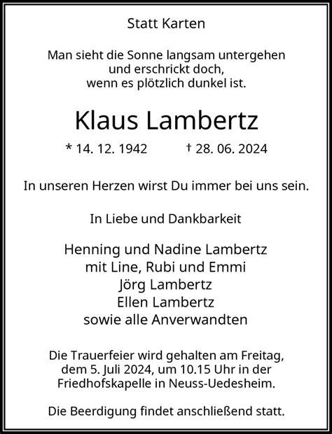 Alle Traueranzeigen Für Klaus Lambertz Trauerrp Onlinede