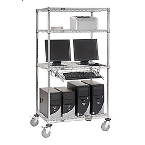 Nexel 4 Shelf Mobile Wire Computer Lan Workstation With Keyboard Tray Chrome 36 X 24 X 69 In