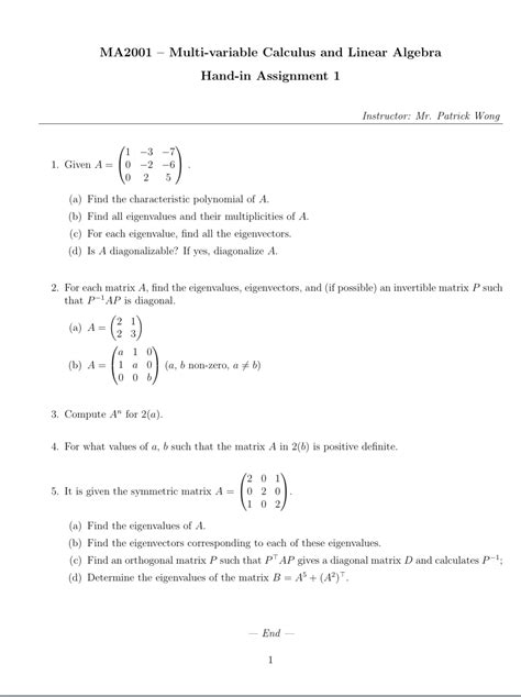 Solved Ma2001 ﻿multi Variable Calculus And Linear