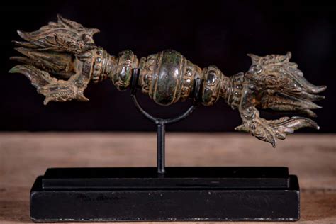 Indonesian Small Brass Double Dorje Vajra On Black Wooden Stand 8