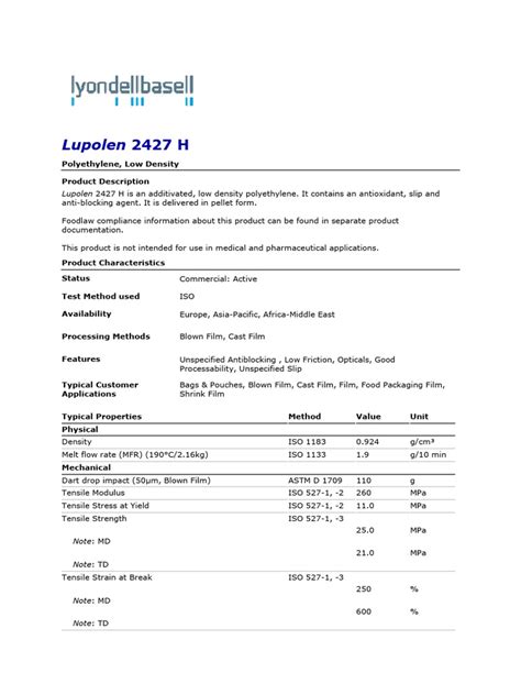 Basell 2427h Pdf Polyethylene Strength Of Materials