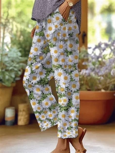 Womens Floral Design Loose Pocket Patchwork Casual Pants Green M In