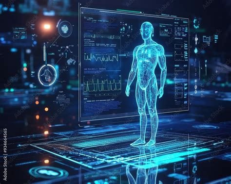 Futuristic Holographic Human Model Displaying Health Data In A Digital Interface Representing