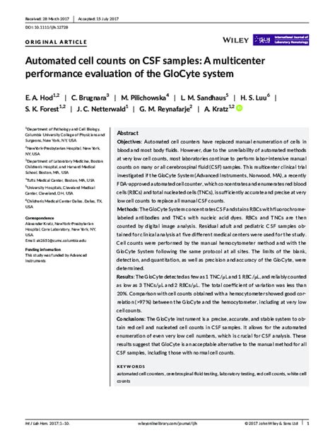 Pdf Automated Cell Counts On Csf Samples A Multicenter Performance