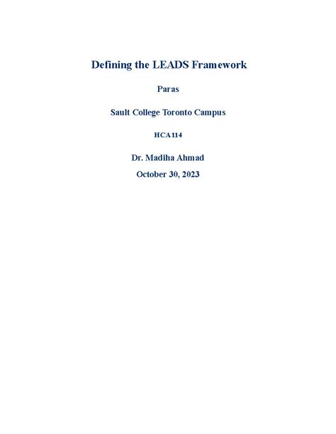 Hca114assignmentdefining The Leads Frameworkv Defining The Leads