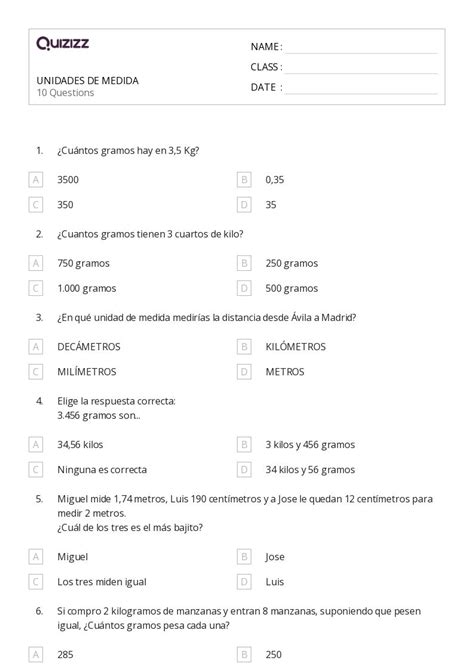50 Medida Y Capacidad Hojas De Trabajo Para Grado 6 En Quizizz
