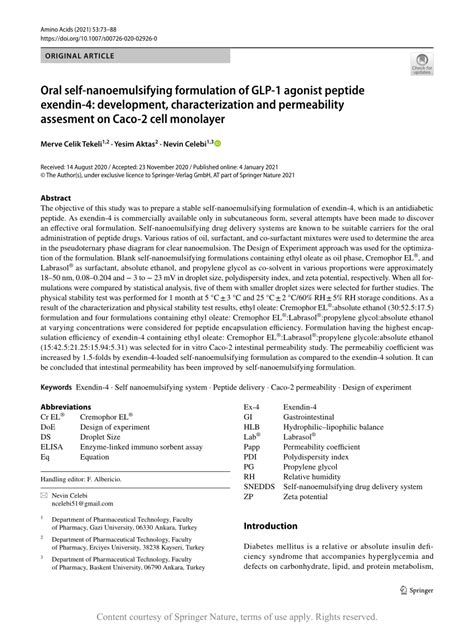 Oral Self Nanoemulsifying Formulation Of Glp 1 Agonist Peptide Exendin 4 Development