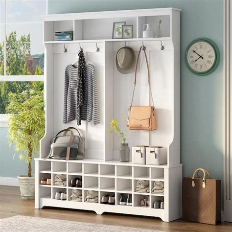 Reviews For Qualler White Entryway Bench Hall Tree With 24 Shoe Cubbies