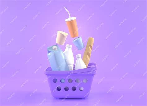 보라색 배경에 격리된 식료품이 있는 쇼핑 바구니 식품 우유 빵과 음료 3d 렌더링으로 가득 찬 온라인 상점 소매점 또는 시장 디지털 마케팅의 배달 제품 프리미엄 사진