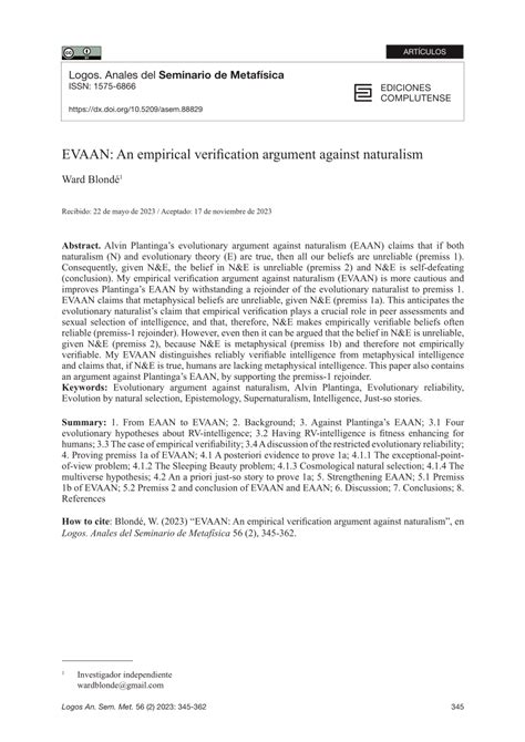 Pdf Evaan An Empirical Verification Argument Against Naturalism