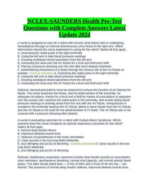 Nclex Saunders Health Pre Test Questions With Complete Answers Latest