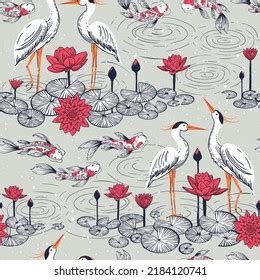 Vector Seamless Pattern Water Lilies Lotus Stock Vector Royalty Free Shutterstock