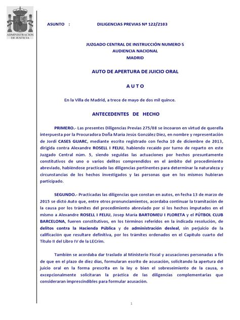 Auto De Apertura De Juicio Oral A Josep Maria Bartomeu Y Sandro Rosell