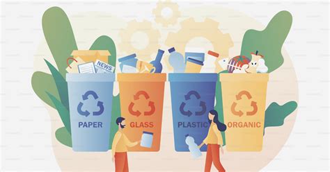 재활용 및 재사용을 위해 쓰레기 종이 유리 플라스틱 유기물을 용기에 분류하는 작은 사람들 재활용 쓰레기 제로 웨이스트 개념 현대 평면 만화 스타일입니다 벡터