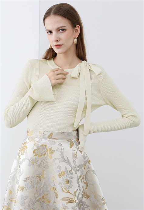 Mesh Inserted Side Bowknot Fitted Knit Top In Cream Retro Indie And