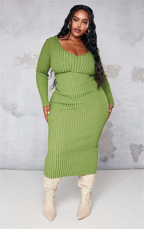 Plus Khaki Off Shoulder Rib Knitted Midaxi Dress Prettylittlething Aus