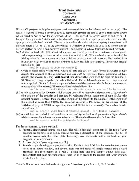 Assignment Third Trent University COIS1020H Winter 2018 Assignment 3
