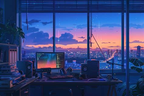 Lofi Coding Retreat Coder Embraces Retro Anime Vibes In Serenely Lit Workspace Premium Ai