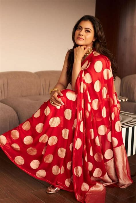 Kajol In A Red Polka Dot Saree For Salaam Venky Promotions