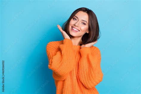 Portrait Of Attractive Cheerful Well Groomed Girl Touching Soft Smooth