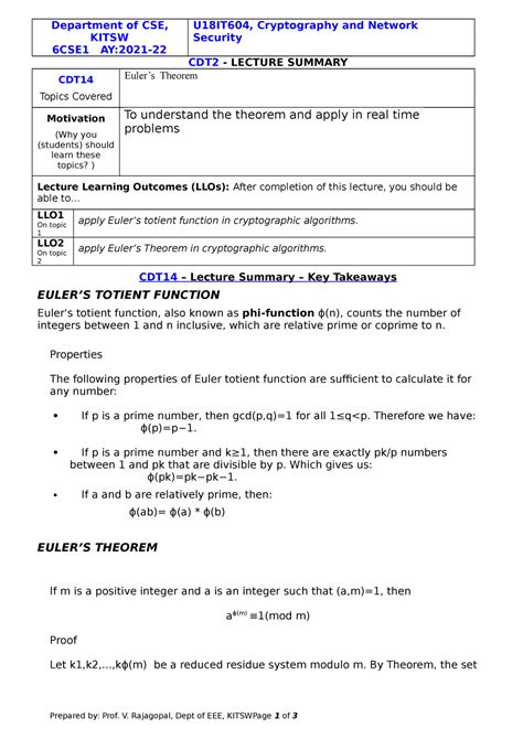 Cns Cdt14 Summary 6it 2022 23 Department Of Cse Kitsw 6cse1 Ay2021 U18it604 Cryptography