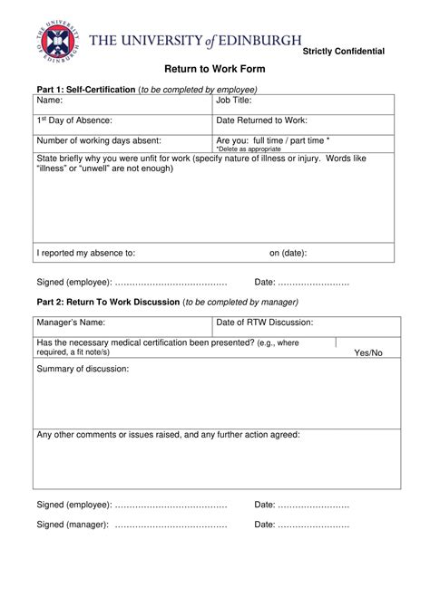 Free Printable Return To Work Templates [pdf Word]