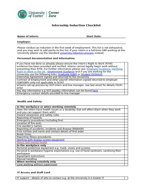 Internship Induction Checklist Pdf