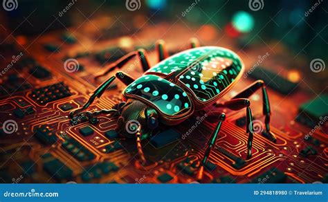 Close Up View To Computer Bug Perched On Microchip Symbolizing Threat Of Software Bugs Stock