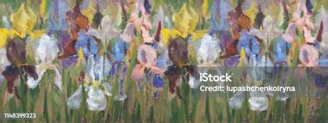 유행 그림 현대 예술 작업 내 원래 유화 캔버스 인상파 가로 풍경 햇살 봄 꽃 아이리스 화이트 핑크 보라색 노란색 녹색 화에 개화 그림 그리기에 대한 스톡 벡터 아트 및