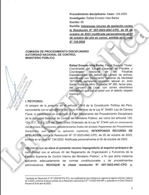 Fiscal Rafael Vela Apela Suspensión De 8 Meses Que Impuso Ministerio