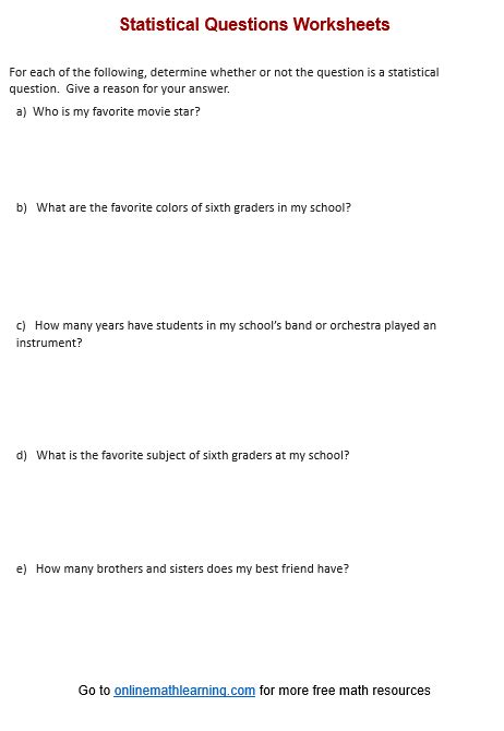 Statistical Questions Worksheet Examples Answers Videos Activities