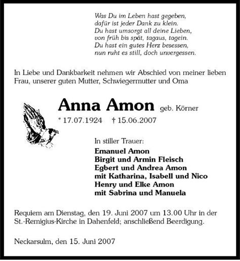 Traueranzeigen Von Anna Amon Trauerundgedenken De