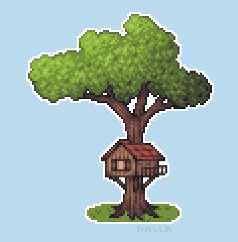 Pixel Art Tree House Pixel Game Landscape With Trees Sky And Vector