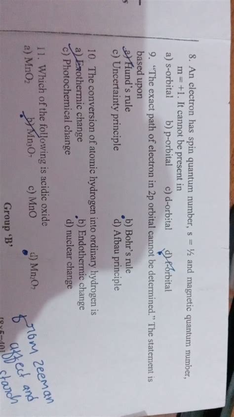 An Electron Has Spin Quantum Number S ½ And Magnetic Quantum Number M