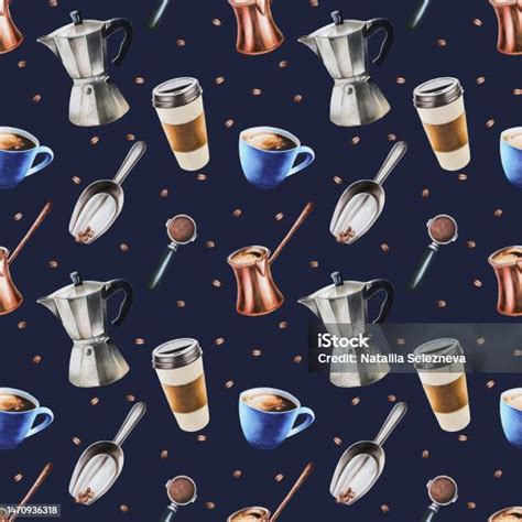 커피 만들기 도구가 있는 수채화 매끄러운 패턴 라떼 에스프레소 아메리카노 고립된 배경에 손 그림 디자이너 메뉴 상점 바 비스트로