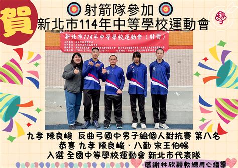桃子腳國民中小學 賀！射箭隊參加新北市114年中等學校運動會榮獲佳績 九孝 陳良峻 反曲弓國中男子組個人對抗賽 第八名 恭喜 九孝 陳良峻