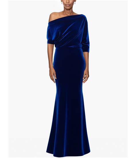 Betsy And Adam Stretch Velvet Off The Shoulder 3 4 Sleeve Blouson Gown