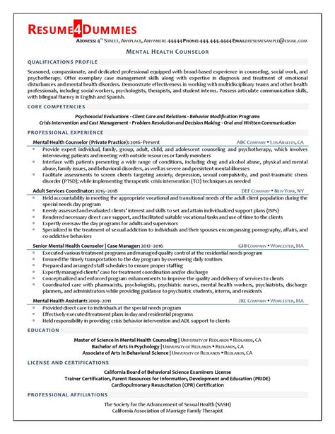 Mental Health Counselor Resume Example Resume4dummies