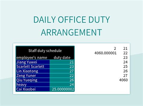 Daily Office Duty Arrangement Excel Template And Google Sheets File For Free Download Slidesdocs