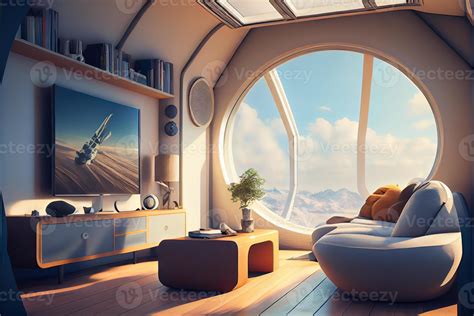 Illustration Of Comfy Living Room From The Year 2050 Scandinavian