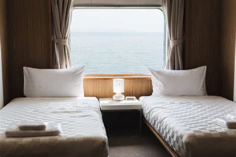 Bedroom With Interior Of Double Passenger Cabin Ferry Ship With Ocean