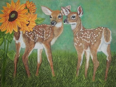 Original Oil Painting Two Whitetail Deer Fawns And Sunflowers Size 24x