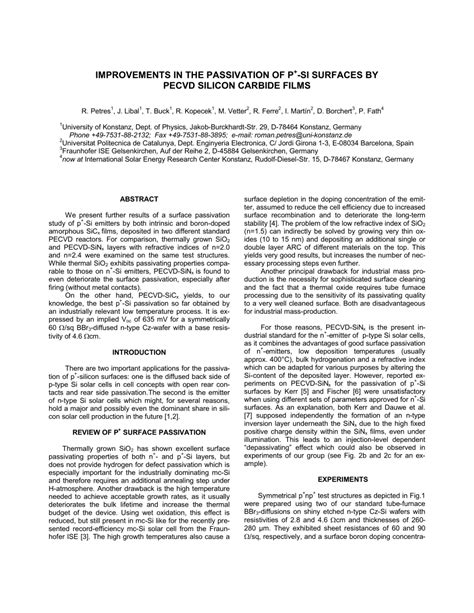 Pdf Improvements In The Passivation Of P Si Surfaces By Pecvd Silicon