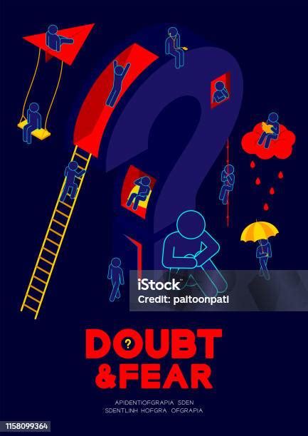 아이소메트릭 물음표 사람들이 여가및 편안한 활동 의심과 두려움 심리학 사회 문제 개념 포스터와 파란색 배경에 배너 디자인 일러스트와 함께 앉아 남자 그림 전단지에 대한 스톡