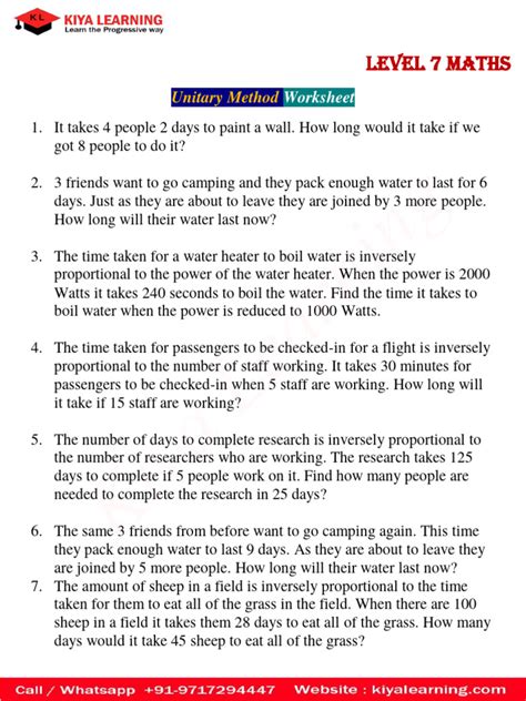 Level 7 Maths Unitary Method Worksheet Pdf Force Physics