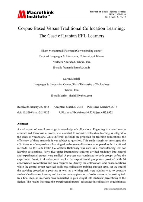 Pdf Corpus Based Versus Traditional Collocation Learning The Case Of Iranian Efl Learners