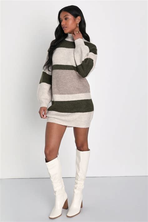 Striped Sweater Dress Mock Neck Dress Green Sweater Dress Lulus