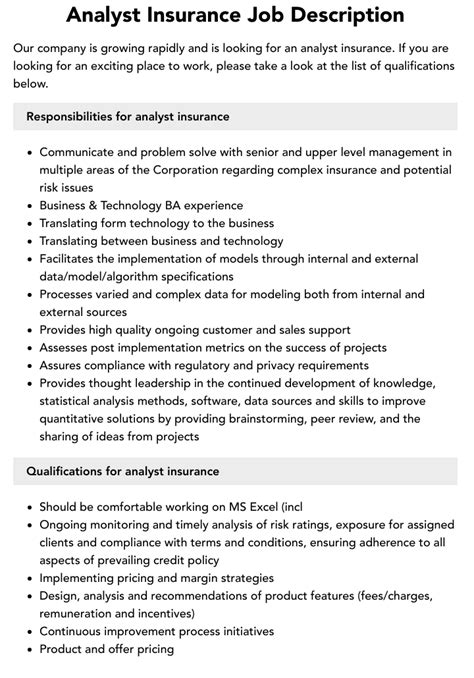 Analyst Insurance Job Description Velvet Jobs