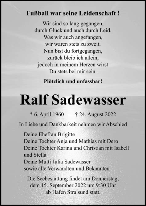 Traueranzeigen Von Ralf Sadewasser Trauer Anzeigen De