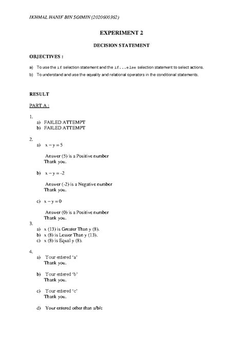 Ece128 Experiment2 Experiment 2 Decision Statement Objectives A To Use The If Selection